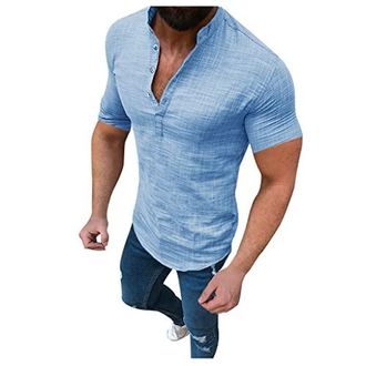 Generic Chemises en lin blanc pour homme - Polo d&eacute;t&eacute; boutonn&eacute; &agrave; manches courtes - T-shirt de plage - T-shirt de sport - T-shirt long et ample pour homme - Hau