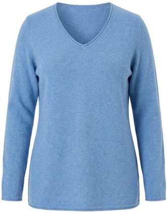 Ulla Popken Strickpullover Merino-Pullover Rollkanten V-Ausschnitt Langarm