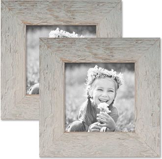 Photolini Bilderrahmen 10x10 cm Holz Grau, 2er Set Echtholz-Rahmen rustikal, Strandhaus, Made in Germany, Echtglas, zum Aufhängen & Aufstellen, extra Zubehör - 
