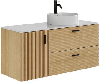 Vente-Unique Mueble de baÒo suspendido veteado Con Lavabo sobre encimera Redondo - 1 Puerta y 2 cajones - Natural Claro - 120 cm - SARONE