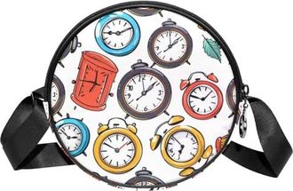 Generic Sac &agrave; bandouli&egrave;re rond pour femme, motif horloge de dessin anim&eacute;, petit sac &agrave; dos &agrave; bandouli&egrave;re avec fermeture &eacute;clair, bretelles r&eacute;glables, sac &agrave; main