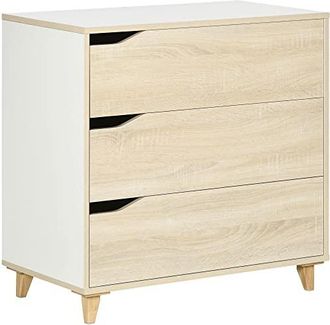 HOMCOM Commode avec 3 tiroirs Meuble de Rangement Bicolore Blanc et Aspect Bois - 75 x 42 x 75 cm