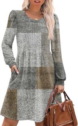 Generic Robe boh&egrave;me pour femme, mini robe &agrave; manches longues, col rond, robe trap&egrave;ze d&eacute;contract&eacute;e, fluide avec poches lat&eacute;rales, robe moulante formelle en tric