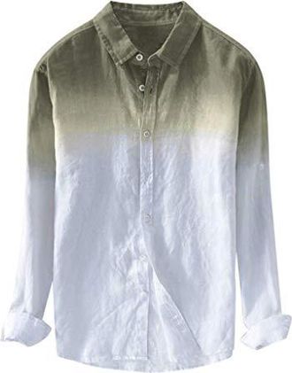 Generic Chemise en coton et lin pour homme avec col - Coupe droite &eacute;l&eacute;gante - Haut d&eacute;t&eacute; avec d&eacute;grad&eacute; de couleur - Confortable - Manches longues - Haut boutonn