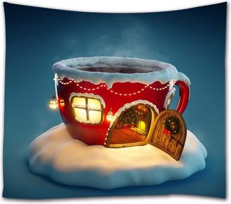 A.Monamour Wandteppiche Märchen Tee Tasse Geformt Haus Weihnachten Urlaub Motto Print Stoff Wandteppich Wanddekoration Wandbehänge Vorhang Für Schlafzimmer Wohnz