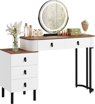 Woltu Schminktisch mit Spiegel LED & Beleuchtung, 3 Lichtfarben, Moderner Frisiertisch mit 5 Schubladen, 2-in-1 Schreibtisch, Flexibler Unterschrank, f&uuml;r Sc