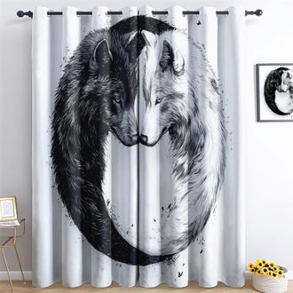 Generic Bedruckte Verdunklungsvorhänge mit Ösen Fantasy-Kunst Tier Wolf Blickdicht Thermo Isoliert Vorhänge Schwarz und Weiß Privatsphäre Schützende Gardinen 