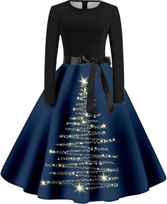 Generic A Line Robe de No&euml;l &agrave; manches longues avec fermeture &eacute;clair &agrave; la taille et col rond pour femme, dor&eacute;, XXL