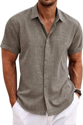 Coofandy Chemise d&eacute;t&eacute; &agrave; manches courtes en lin pour homme, coupe droite, boutonn&eacute;e, hawa&iuml;enne, pour les vacances, marron, M
