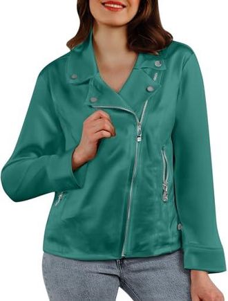 Generic 2026 Vestes pour femmes, veste de moto, style classique asym&eacute;trique, fermeture &eacute;clair, ceintures &agrave; boucle, plusieurs poches, Vert, XXL