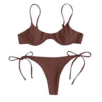 Generic Maillot de bain pour femme avec col en V push-up - Contr&ocirc;le du ventre - Taille haute - Triangle - Rembourr&eacute; - V&ecirc;tements de vacances pour femmes, caf&eacute;,