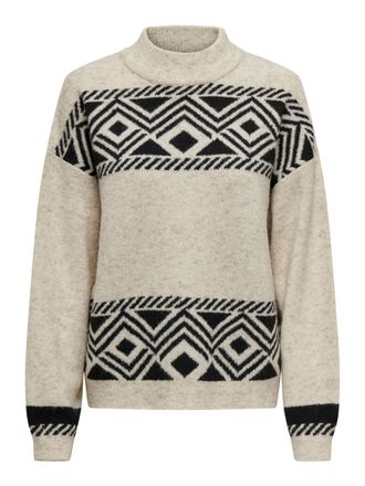 Only Damen Strickpullover ONLVICTORIA L/S Highneck Pullover KNT 15321179,Pumice Stone/Pattern:Black Jacquard,XS