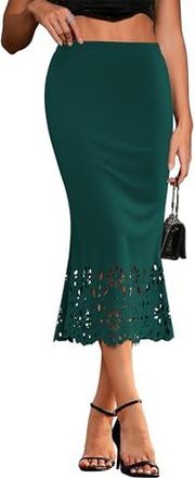 Zeagoo Jupe longue élégante pour femme - Taille haute - Élastique à la taille - Couleur unie - Jupe décontractée - Automne, vert, XXL