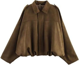 Generic Veste bomber en daim synth&eacute;tique pour femme avec fermeture &eacute;clair, manteau pilote &agrave; revers de printemps, v&ecirc;tement dext&eacute;rieur d&eacute;contract&eacute; &agrave; manches lon