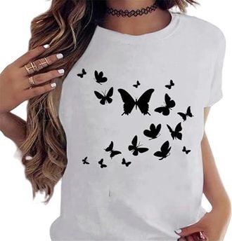 Keephen Papillon avec Fleurs T-Shirt Femmes Esth&eacute;tique Papillon Impression 3D T-Shirt Manches Courtes Col Rond Streetwear Dames &Eacute;t&eacute; Mignon Tops