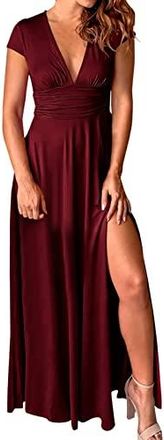 Generic Robe De Soiree Femme Deep V- Robe Taille Empire Pliss&eacute;e Manches Courtes Longue Fendue Sexy Couleur Unie Chic Et &Eacute;l&eacute;gants D&eacute;t&eacute; Slim Ample Fluide Vintag