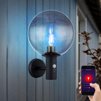 Globo Lighting Applique murale dext&eacute;rieur Applique LED avec d&eacute;tecteur de mouvement applique murale acier inoxydable boule de verre anthracite fum&eacute;e, contr&ocirc;le app