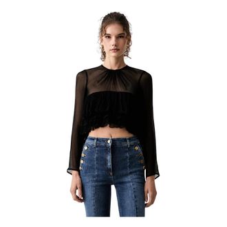 Elisabetta Franchi Chemisier &agrave; col rond avec volants - Femme - Blouses et Chemises - Noir - Taille: 40 FR