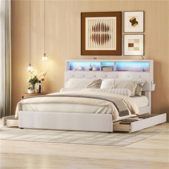 Generic Polsterbett 140x200 cm Verstellbares Kopfteil Mit Stauraum Aufladen USB Und LED-Beleuchtung Doppelbett Mit Schubladen Familienbett F&uuml;r Erwachsene Juge