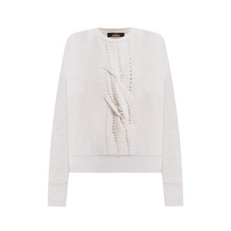 Twinset Pull en maille c&ocirc;tel&eacute;e &agrave; col rond avec d&eacute;tail perle - Femme - Pulls - Blanc - Taille: 38 FR