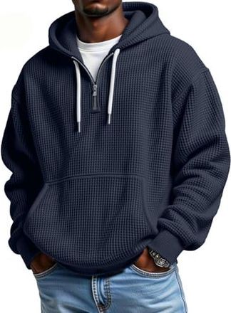 Generic Sweat à capuche à manches longues gaufré pour homme - Demi-fermeture éclair - Sweat à capuche décontracté - Couleur unie - Simplicité - Sweat à capuch