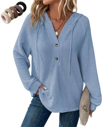 Generic Haut en tricot gaufr&eacute; pour femme avec col en V et manches longues, pull surdimensionn&eacute; boutonn&eacute; avec cordon de serrage pour lautomne 2026, bleu clair,