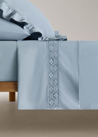 Mango Drap plat percale de coton lav&eacute; d&eacute;tail dentelle lit 135/140 cm bleu - Home - Lit 135/140 cm - MANGO HOME