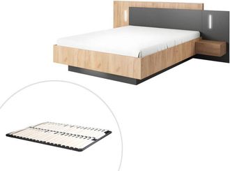 Vente-Unique Vente-unique - Lit avec chevets 160 x 200 cm - 2 tiroirs - Avec LEDs - Coloris : Naturel et anthracite + Sommier - francoli