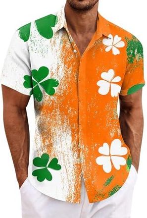 Generic Chemise de la St Patrick pour homme, t-shirt hawa&iuml;en irlandais avec tr&egrave;fle porte-bonheur, chemisier &agrave; boutons &agrave; manches courtes, haut ample d&eacute;contract