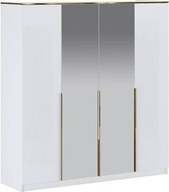 Pascal Morabito Armoire 4 Portes - Avec miroirs - L200 cm - Blanc Brillant et Dor&Egrave; - VUKIA de
