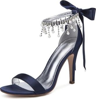 Generic Escarpins Femme Bout Ouvert Mariée Stylet Talons Btide Cheville Boucle Sandales Chaussures De Mariee Bal 10.5Cm,Dark Blue,42 EU