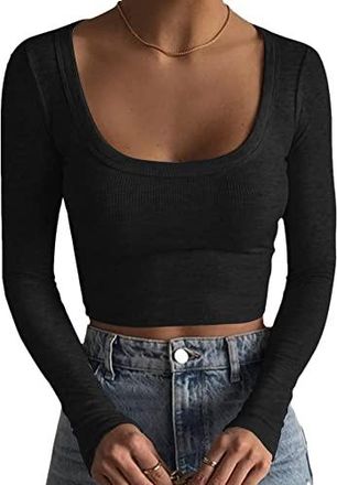Minetom T-Shirts à Manches Longues pour Femmes Crop Tops Décontracté Col carré Couleur Unie Fitting Basic Slim Fit Y2K Cropped Shirt Sexy Col en U Scoop Neck 