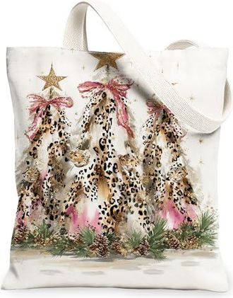 Generic Sacs fourre-tout en toile motif l&eacute;opard de No&euml;l, motif arbre animal, sacs d&eacute;picerie, sacs d&eacute;picerie r&eacute;utilisables, vintage, l&eacute;gers, lavables, blanc, 1