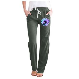 Generic Pantalon en coton et lin pour femme - Jambe large - Pantalon de plage d&eacute;t&eacute; pour femme - Confortable - Pantalon de yoga Palazzo XIYU26090, vert militai