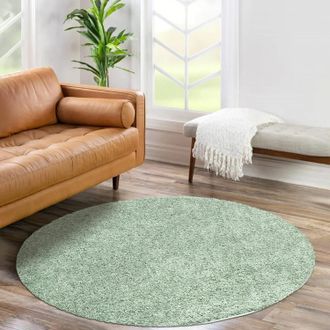 Carpet City Shaggy Hochflor Teppich - Rund 160 cm - Gr&uuml;n - Langflor Wohnzimmerteppich - Einfarbig Uni Modern - Flauschig-Weiche Teppiche Schlafzimmer Deko