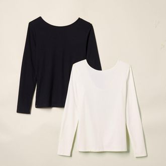 Amazon Essentials Damen Lang&auml;rmliges Rippstrick-T-Shirt mit U-Ausschnitt hinten und schmaler Passform, 2er-Pack, Schwarz/Eierschalenwei&szlig;, XXL