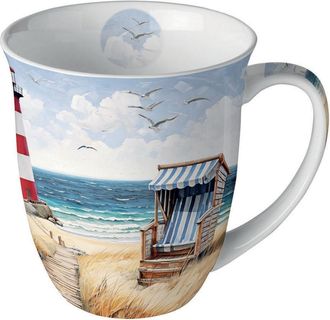 Ambiente Kaffeetasse Henkelbecher Teetasse Mug 0,4 l Fine Bone China Porzellan Meer See Strand Leuchtturm Strandspaziergang Serie Beach walk