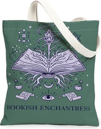 Generic Bookish Enchantress Sac fourre-tout en toile r&eacute;utilisable Motif livre magique Sac d&eacute;picerie L&eacute;ger Lavable Bandouli&egrave;re Toile B, vert, 13x15 Inch