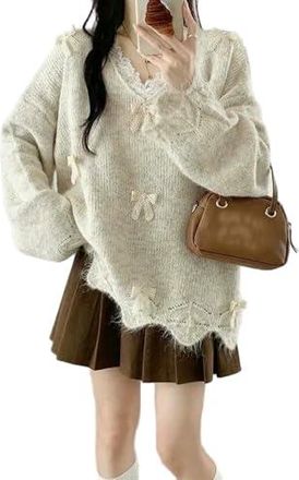 Generic QXDZSW Pull &agrave; col rond avec noeud tendance et polyvalent en tricot &agrave; manches longues, beige, XXL