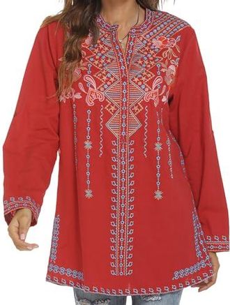 JD Williams Haut brod&eacute; boh&egrave;me pour femme, style indien, tunique ample &agrave; manches longues, chemisier d&eacute;contract&eacute;, Rouge 127, L