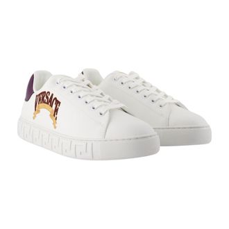 Versace Mens Logo-Embroidered Leather Sneaker White