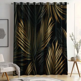 Generic Gardinen Vorhänge Schwarz Gold mit Ösen Pflanzen Palmblätter Druck Deko Blickdicht Vorhänge Ösenvorhang für Schlafzimmer Wohnzimmer H140 x B90 cm (2er