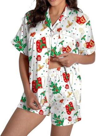 Generic Pyjama court en satin pour femme - Ensemble pyjama de Noël - Deux pièces - Vêtement de nuit doux - Motif mignon - Haut et short de nuit - Combinaison 