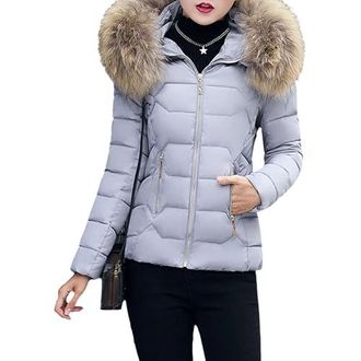 Generic Manteau dhiver pour femme, doudoune courte et chaude, parka avec poches zipp&eacute;es et capuche en fausse fourrure, gris, taille L