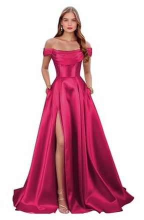 Generic Robes de bal en satin avec fente sans bretelles, corset trapèze, robes de bal à épaules dénudées, longues robes de soirée formelles avec poches, rose 