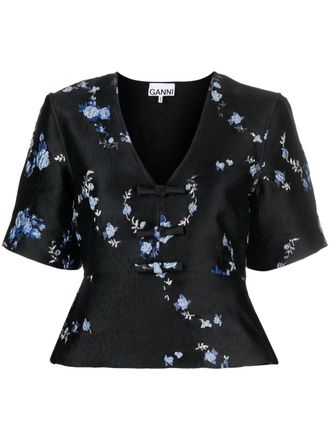 Ganni Jacquard-Bluse mit Blumenmuster - Schwarz