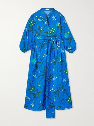Erdem Robe Midi En Coton Et Lin Mélangés À Imprimé Fleuri Et À Ceinture - Bleu
