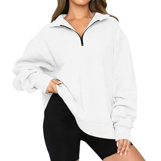 Generic Sweat &agrave; capuche zipp&eacute; surdimensionn&eacute; en polaire avec demi-fermeture &eacute;clair pour femme, blanc, XXL