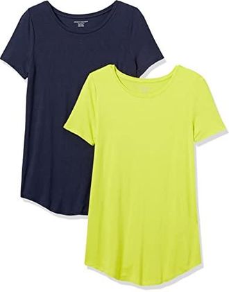 Amazon Essentials Tunique Encolure Dégagée à Manches Courtes Femme, Lot de 2, Bleu Marine/Vert Citron, XXL