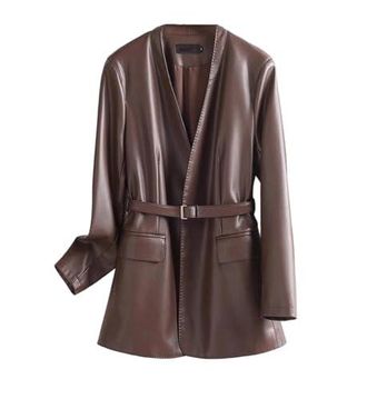 Generic Veste en cuir pour femme - Printemps Automne Col V Manches Longues Ouverture Avant Lacets Slim Taille Trench Coat, 1, S